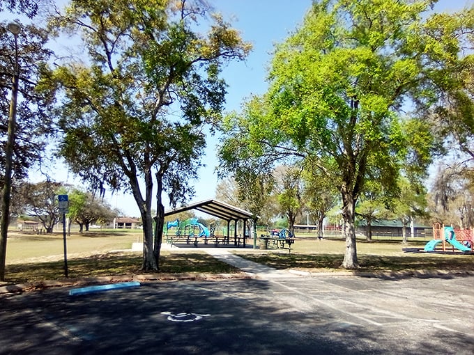 Arthur F. Engle Memorial Park's shaded pavilions provide the perfect excuse to tell grandkids about life before air conditioning and smartphones.