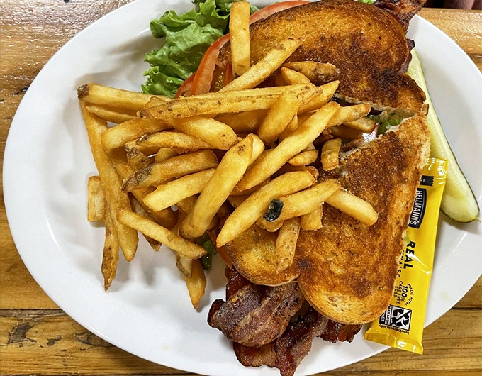 A sandwich that understands proportion – equal parts crispy bacon, fresh lettuce, and tomato on perfectly toasted bread. Simple pleasures executed brilliantly.