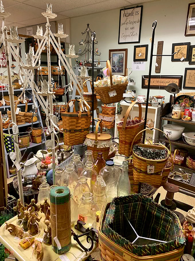 A forest of baskets and bottles that would make any Pinterest board weep with envy—each one carrying stories of picnics and potions past.