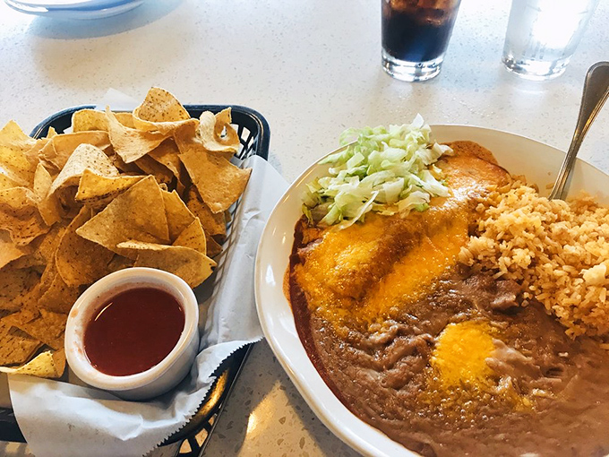 Plate-filling enchiladas swimming in sauce with rice and beans standing by. This isn't just lunch; it's an edible vacation for your taste buds.