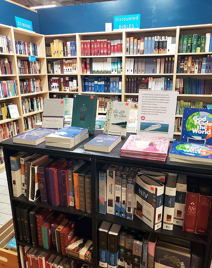 A literary sanctuary where Bibles and books wait patiently for new homes, their pages holding wisdom that predates our digital distractions.
