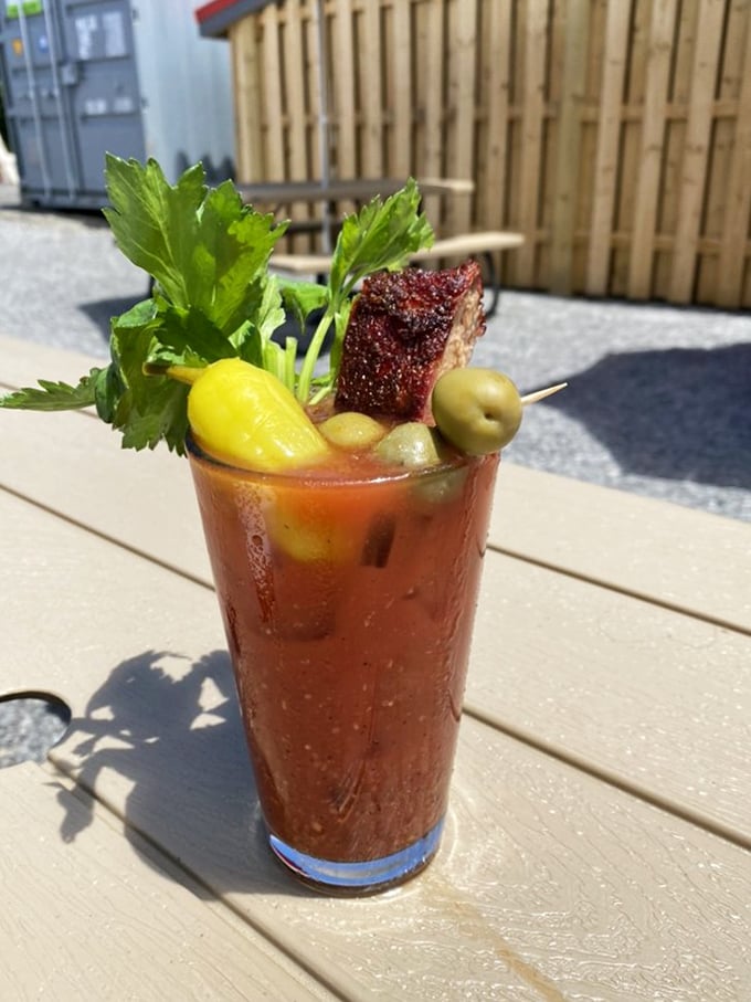 A Bloody Mary that doubles as both cocktail and appetizer—garnished with enough goodies to qualify as its own food group.