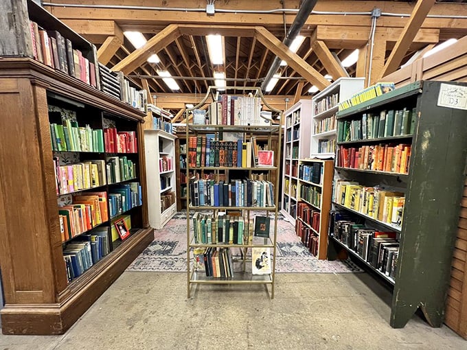 Books arranged by color create a literary rainbow where you can find everything from forgotten bestsellers to that cookbook your mother swore by.