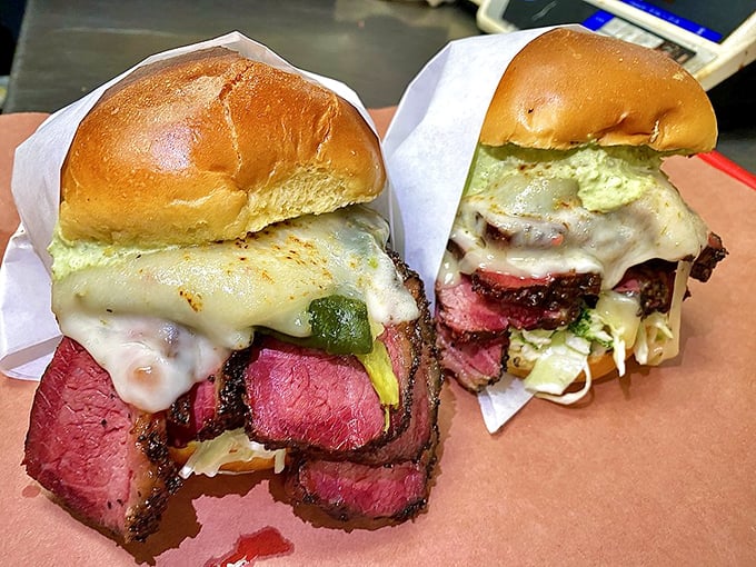 Two halves of heaven—brisket sandwiches where the meat-to-bun ratio leans heavily in the direction your heart truly desires.