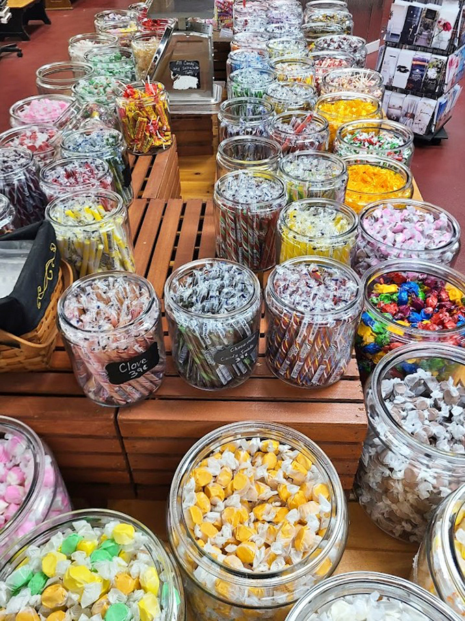 Glass jars filled with candy create a kaleidoscope of sweetness—childhood memories sold by the pound and wrapped in cellophane.