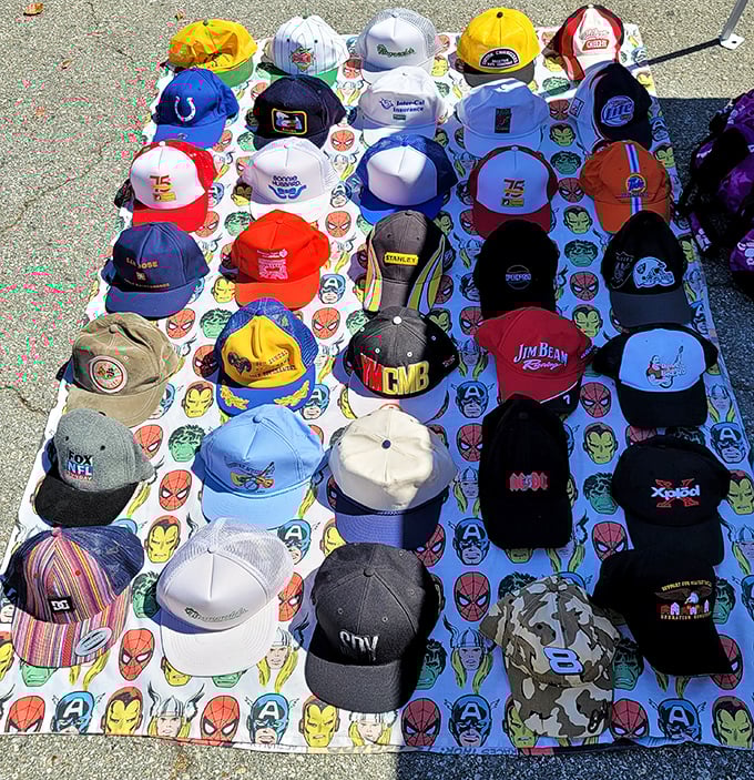 Baseball caps chronicle team loyalties, vacation memories, and bygone promotions—headwear archaeology at its finest.