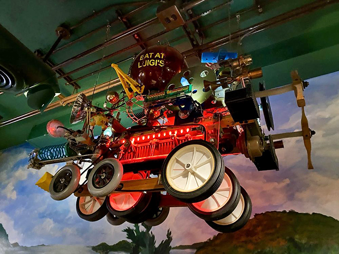 Look up to spot the whimsical vintage fire engine suspended from the ceiling—proof that Italian restaurants, like life, are better with unexpected surprises.