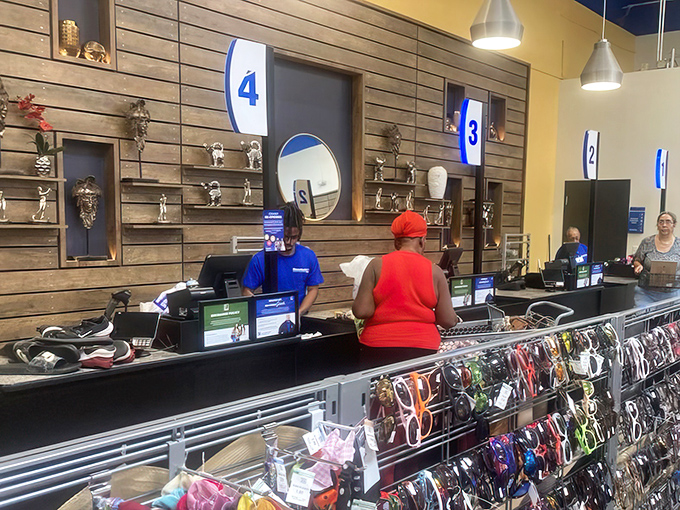 Checkout counters with numbered stations – the finish line where victorious treasure hunters complete their quest with wallets still intact.
