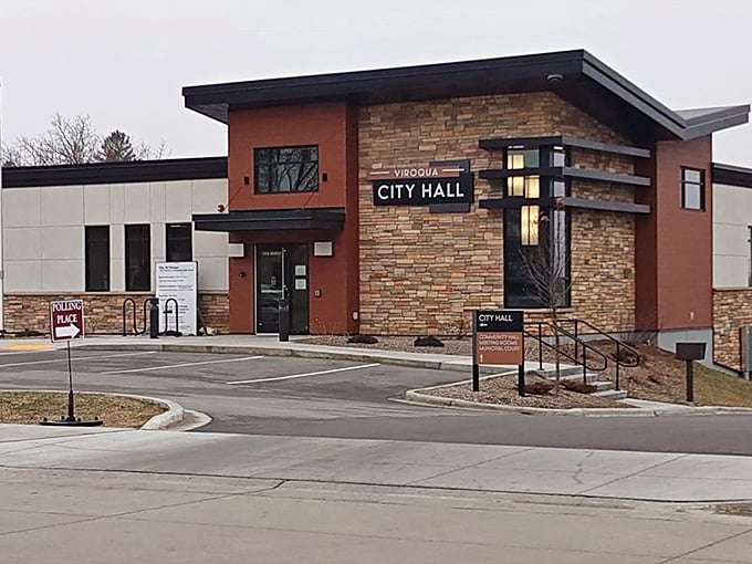 Viroqua's City Hall blends modern function with natural materials, reflecting the town's commitment to both progress and its rural roots.
