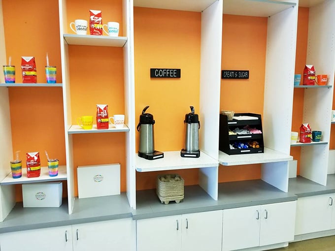 The coffee station stands ready to provide the perfect companion beverage for your sweet indulgence—because balance is important, right?