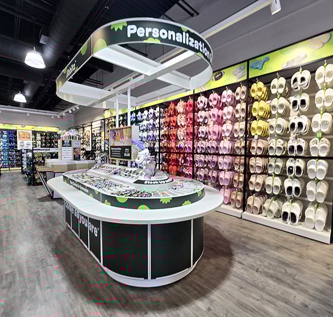 The Crocs personalization station offers a dizzying array of colorful footwear options – comfort and self-expression in equal measure.