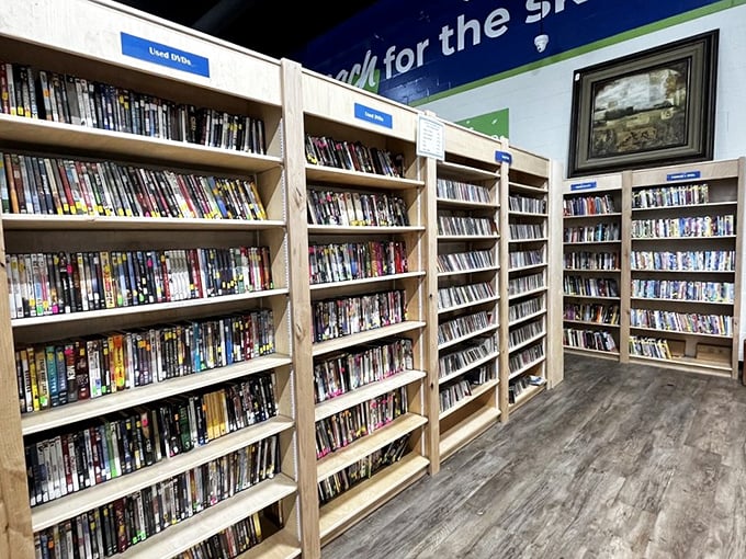 The DVD and media section—a physical Netflix from the days when "streaming" meant something was wrong with your plumbing.