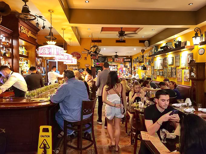 The bar scene buzzes with energy as patrons gather to share stories, mojitos, and the universal language of "one more round, please."