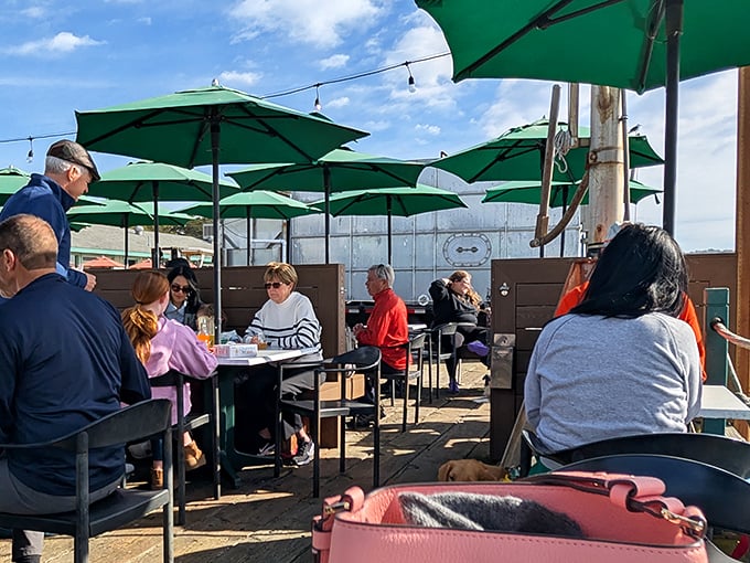 The outdoor patio—where strangers become friends over shared tables and the unspoken agreement that life is simply better with ocean views and good food.