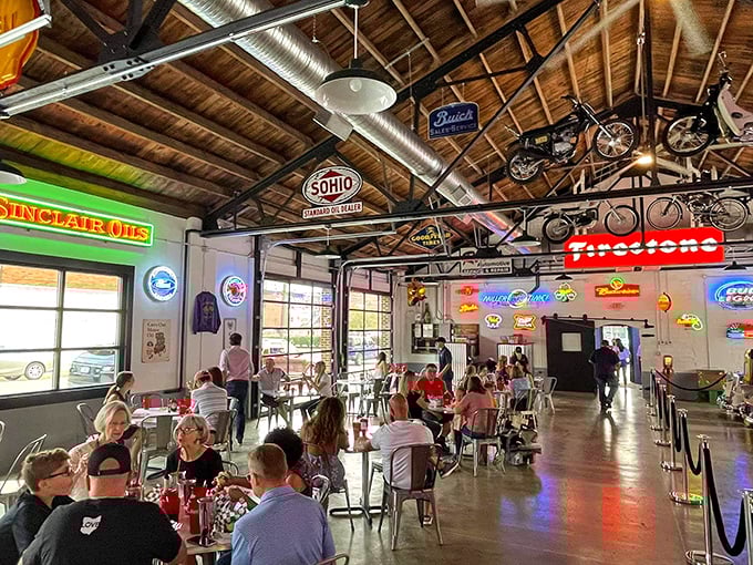 The universal language of good food brings together locals and travelers alike under a ceiling of motorcycles and memories.