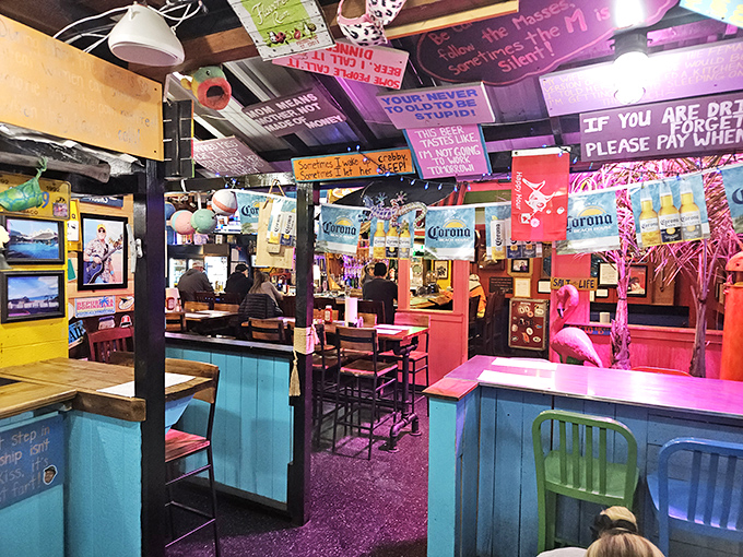 Neon signs, flamingos, and enough visual stimulation to make your eyes dance. Dining here is like eating inside a kaleidoscope.