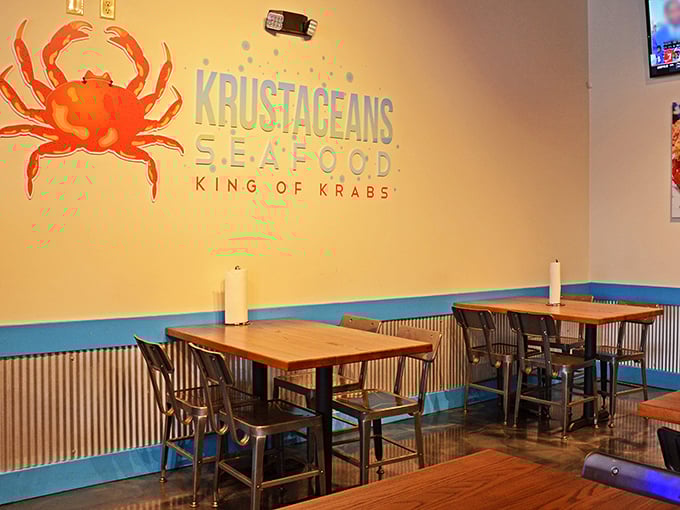 The wall art declares them "King of Krabs"—a bold claim backed up by the steady stream of satisfied customers filling these tables.