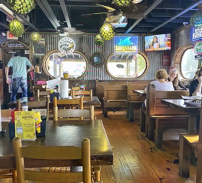 Nautical-themed comfort meets practical dining—where the focus stays squarely on the food rather than fancy interior design magazines.