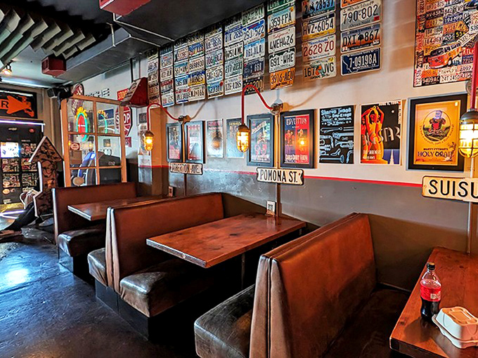 License plates and street signs adorn the walls – a roadmap to flavor country with comfortable booths as your vehicle.