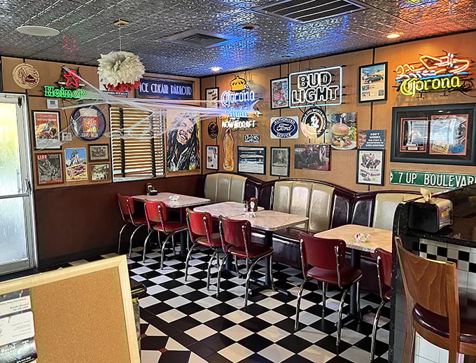 Vintage memorabilia doesn't just decorate walls—it tells stories of American pop culture while you debate between sweet or savory.