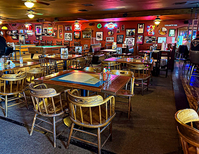 The dining area feels like it's been waiting for you all along. These wooden chairs have heard more Portland stories than any therapist in town.