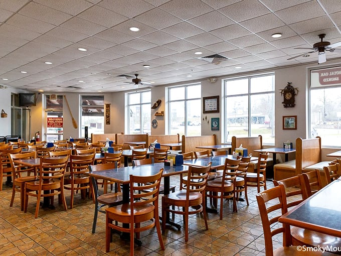 A dining room designed for comfort, not Instagram—where the only filter you need is the one in the sweet tea dispenser.