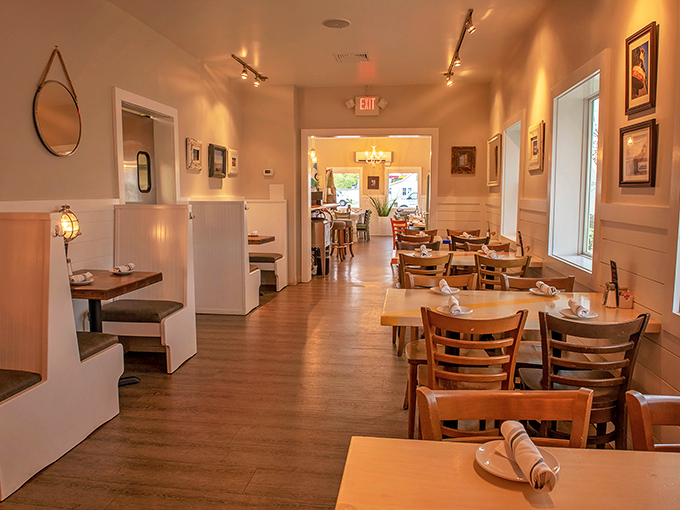 Simple wooden booths and tables that say, "Stay awhile, the seafood is worth it," without a hint of pretension.