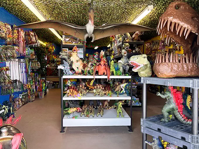 Dinosaur toys roam free in this prehistoric paradise that makes Jurassic Park look positively tame.