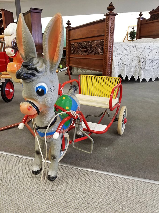 This vintage kiddie ride combines whimsy with nostalgia—the kind of toy that makes adults say, "They don't make 'em like this anymore!"