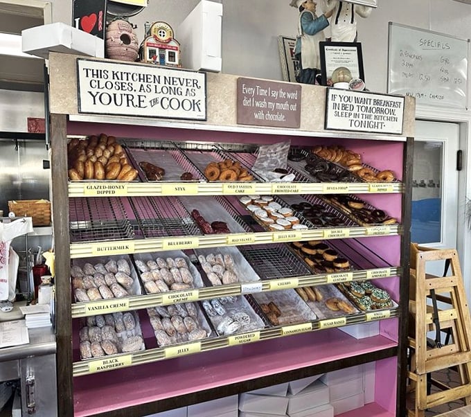 "This kitchen never closes as long as you're the cook"—words to live by. The pink display case houses donuts that would make Homer Simpson weep with joy.