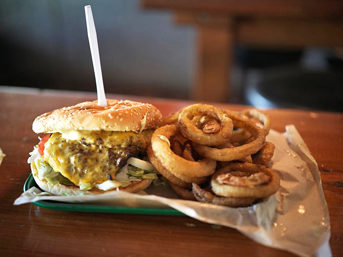 The burger and onion ring alliance—a partnership so perfect it deserves its own national holiday and commemorative postage stamp.