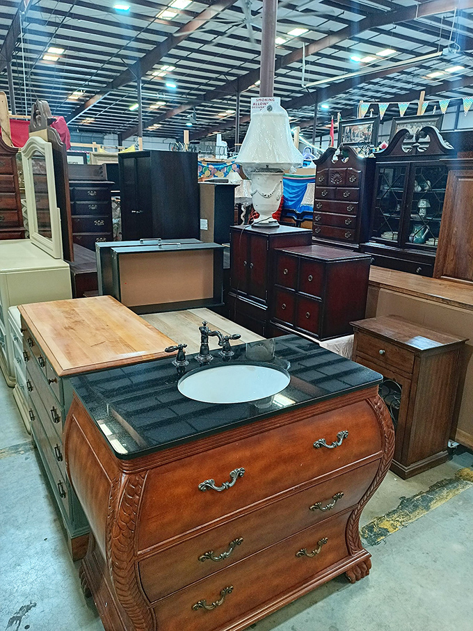 Furniture with character and history awaits its next chapter. That bombé chest has witnessed more drama than a season of Downton Abbey.