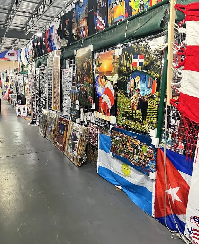 A United Nations of flags and artwork where cultural pride hangs alongside vacation memories and decorative statements for every taste.