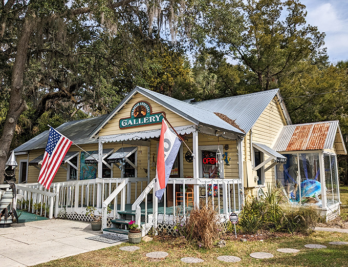 The Franklin Anderson Gallery brings art to Crystal River with the same unpretentious charm as the town itself—note the welcoming porch and American flag.