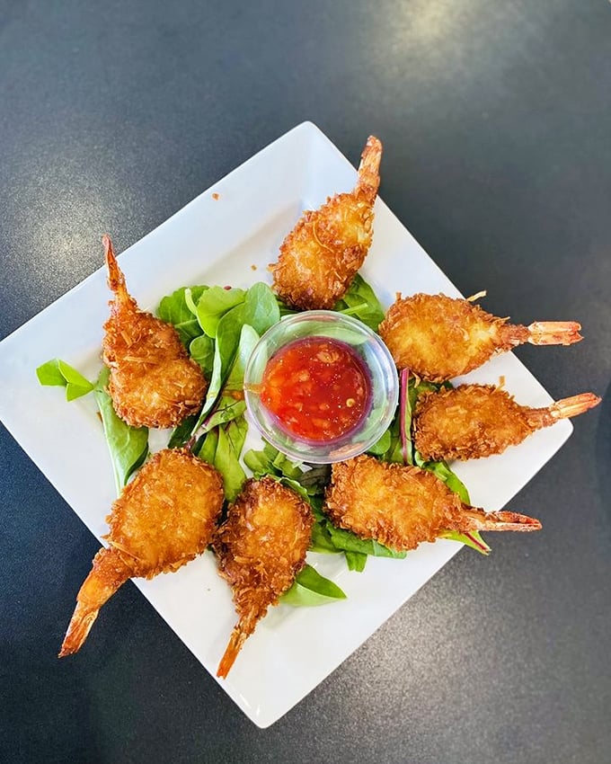 Coconut shrimp arranged like a delicious flower, proving that sometimes the best art isn't hanging in museums—it's served on a square plate with sweet chili sauce.