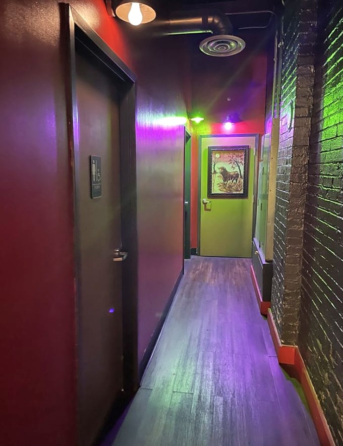 The hallway to the restrooms doubles as a disco tunnel. Even the path to powder your nose is an experience at Pierogi Mountain.
