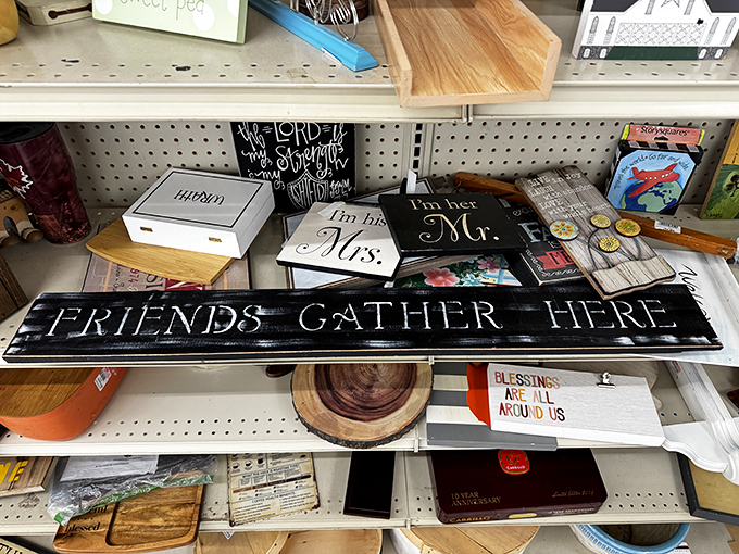 Home décor that declares your personality without declaring bankruptcy. That "Friends Gather Here" sign is speaking truth.