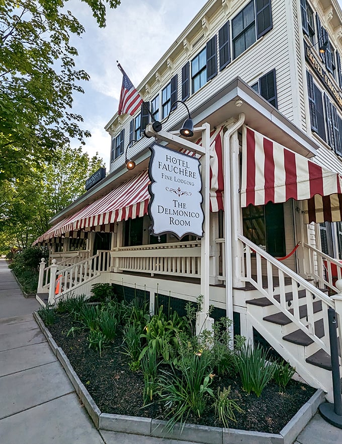 Hotel Fauchère's red-and-white awning signals you've arrived somewhere special. The Delmonico Room inside serves history alongside its renowned cuisine.