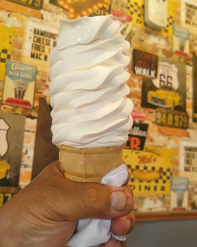 This soft-serve tower defies both gravity and restraint—a white-peaked mountain that mirrors the Sierra Nevada backdrop.