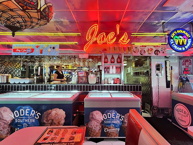 The ice cream counter—where adults pretend they're ordering for their grandkids while secretly planning their own milkshake indulgence.