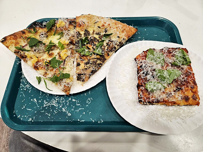 Two distinct personalities sharing one tray—like roommates who couldn't be more different but somehow work perfectly together. Pizza diversity at its finest.