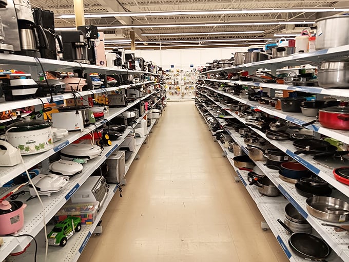 The kitchenware aisle stretches to infinity, promising slow cookers that cooked exactly once and pristine waffle makers still in boxes.