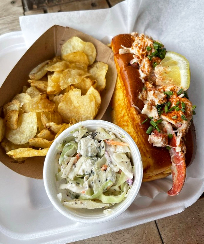 The perfect trifecta—a buttery lobster roll, crunchy kettle chips, and tangy blue cheese coleslaw creating the holy trinity of lunch satisfaction.