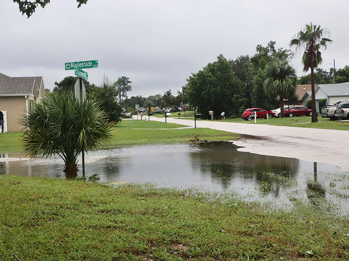 After a downpour, neighborhood streets showcase Florida's drainage challenges. Locals joke that waterfront property values just temporarily increased.