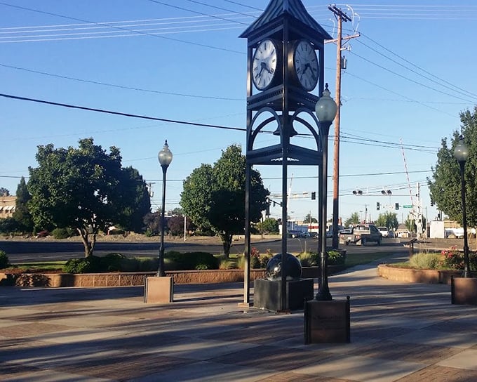 The town clock stands as a charming centerpiece in Hermiston's public spaces. Time moves differently here—measured in conversations, not commutes.