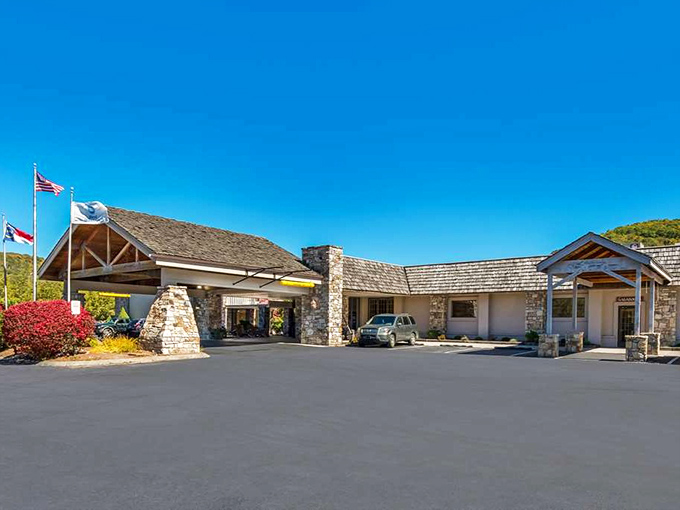 This mountain lodge entrance says "Welcome to Banner Elk" with the architectural equivalent of a firm handshake and warm smile.