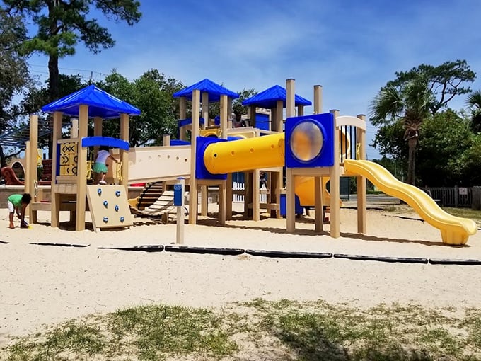 A playground where kids can burn energy while parents contemplate how they ever survived childhood on those old metal slides that reached lava temperatures.