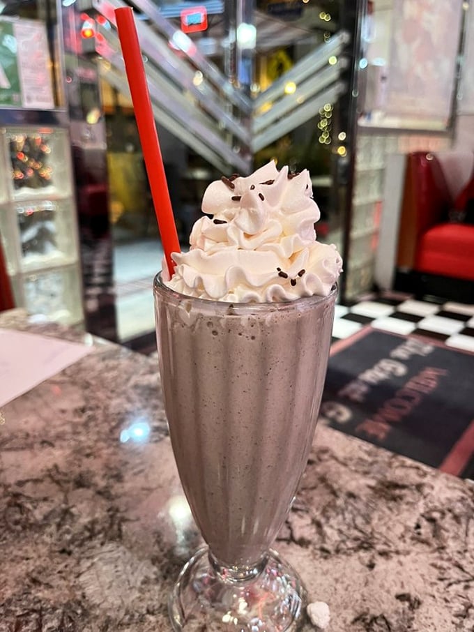 A milkshake so thick you'll get an arm workout using that straw – topped with whipped cream that defies gravity.