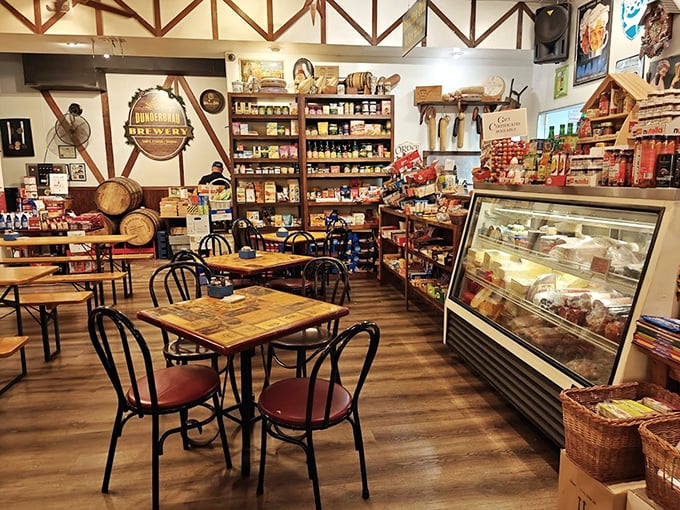 Part restaurant, part German market, all charm. Those wooden barrels aren't just decor—they're time machines to the old country.