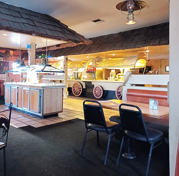 The covered wagon salad bar brings frontier dining into the modern age with theatrical flair and fresh ingredients.